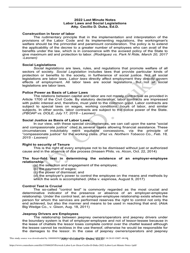 Preweek Labor Law Dean Cecilio D. Duka 2022 Labor Last Minute Notes 1 ...
