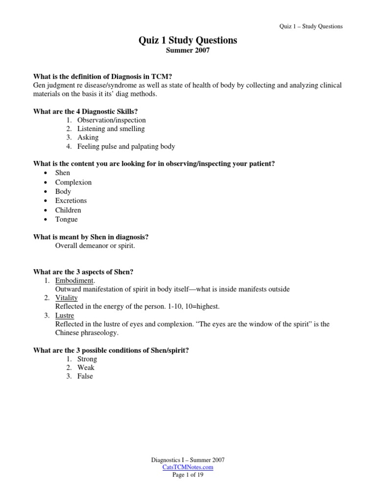 Diagnostics I - Quiz 1 Study Questions | PDF | Edema | Traditional ...