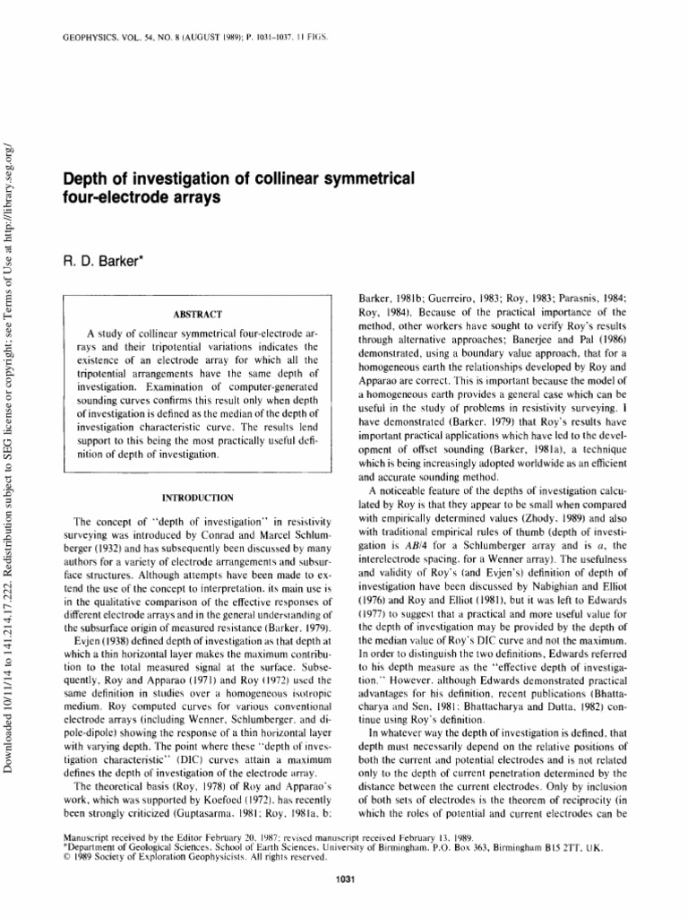 Depth of Investigation of Collinear Symmetrical Four Electrode Arrays-1 ... Depth of Investigation of Collinear Symmetrical Four Electrode Arrays-1 ...