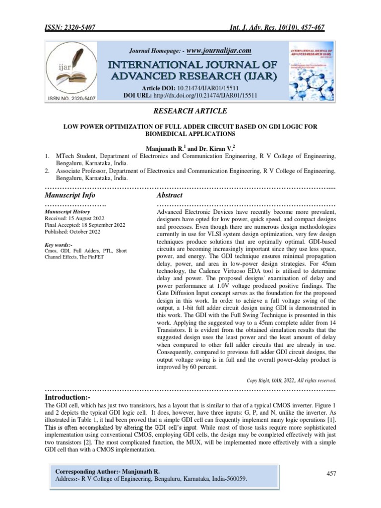 Low Power Optimization Of Full Adder Circuit Based On Gdi Logic For Biomedical Applications