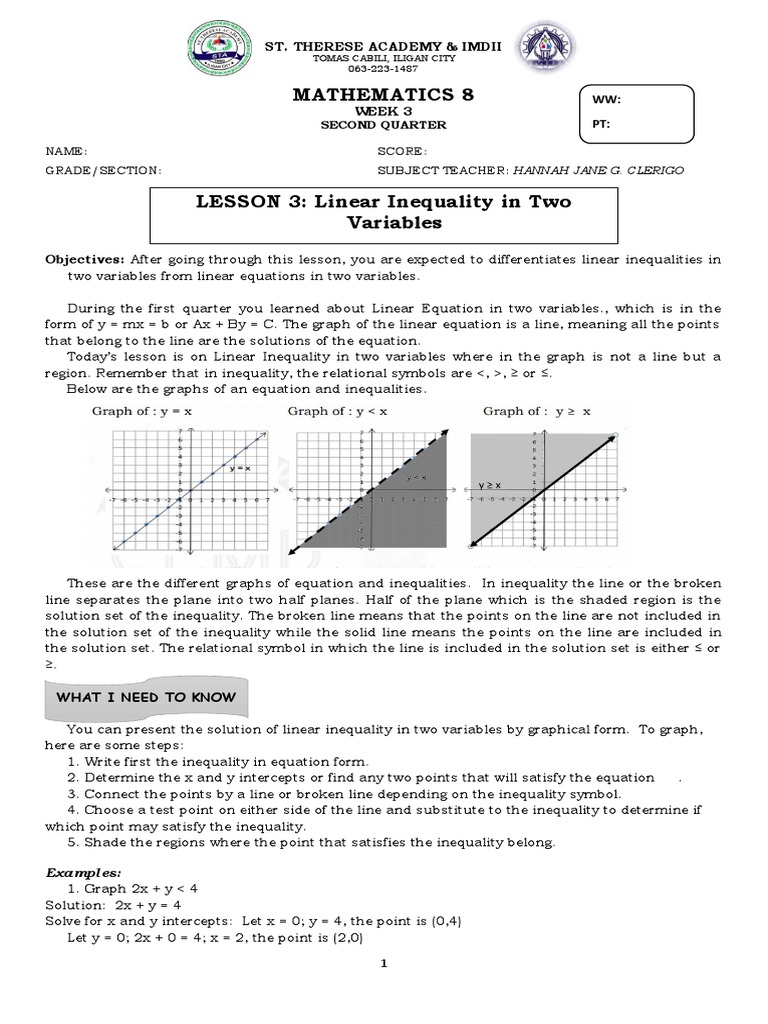 MATH8-WEEK3 (2NDQuarter) HANNAH | PDF | Equations | Inequality ...