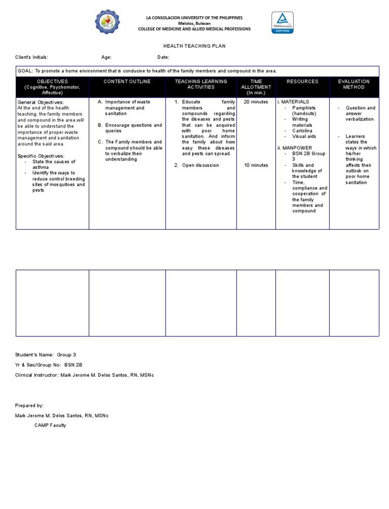 Health Teaching Plan Format | PDF | Learning | Education Theory