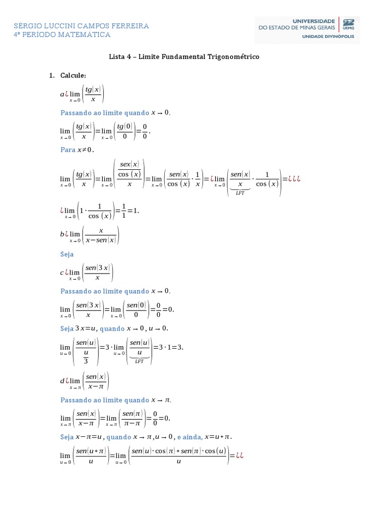 Lista 4 - Limite Fundamental Trigonométrico | PDF | Conceitos ...
