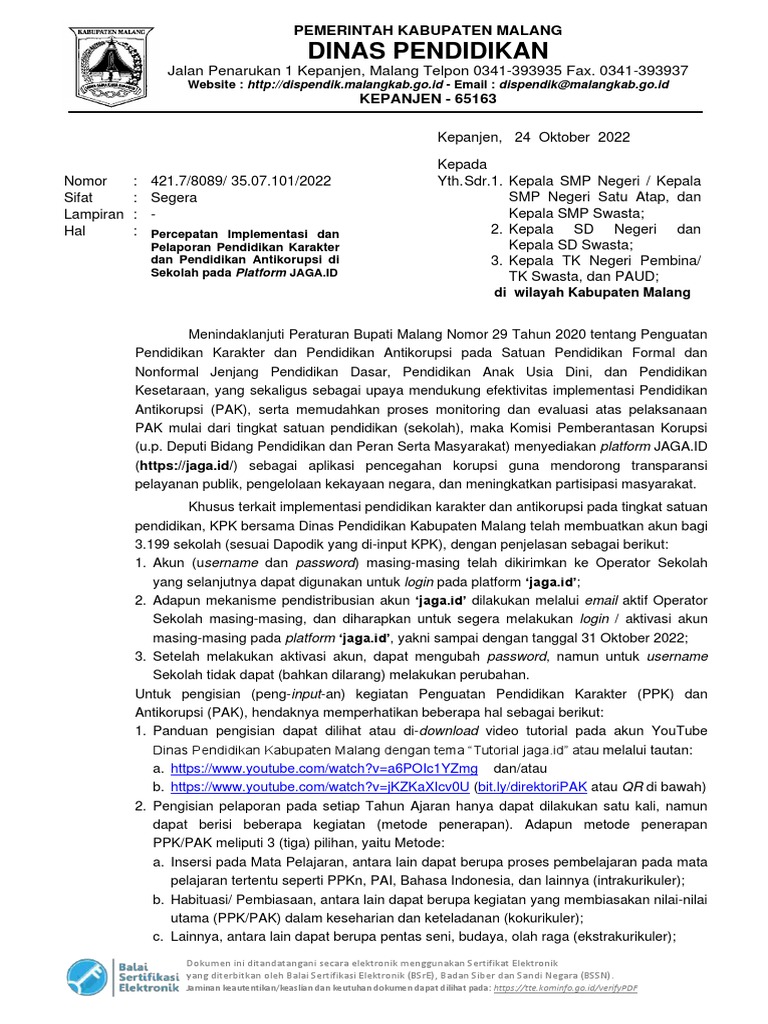 Surat Ke Ka Satdikdas-PAUD Terkait Aktivasi Jaga - Id Dan Pengisian Implementasi PAK-2022 - Sign ...