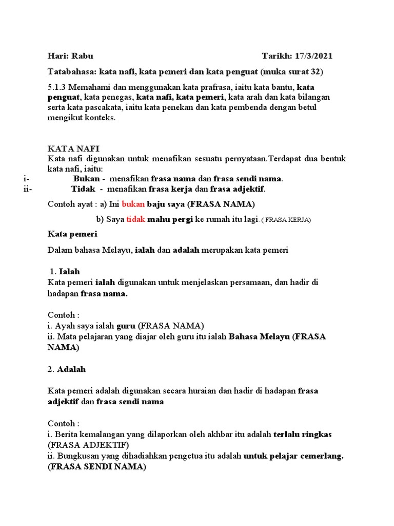 Nota Kata Nafi, Kata Pemeri, Kata Penguat | PDF