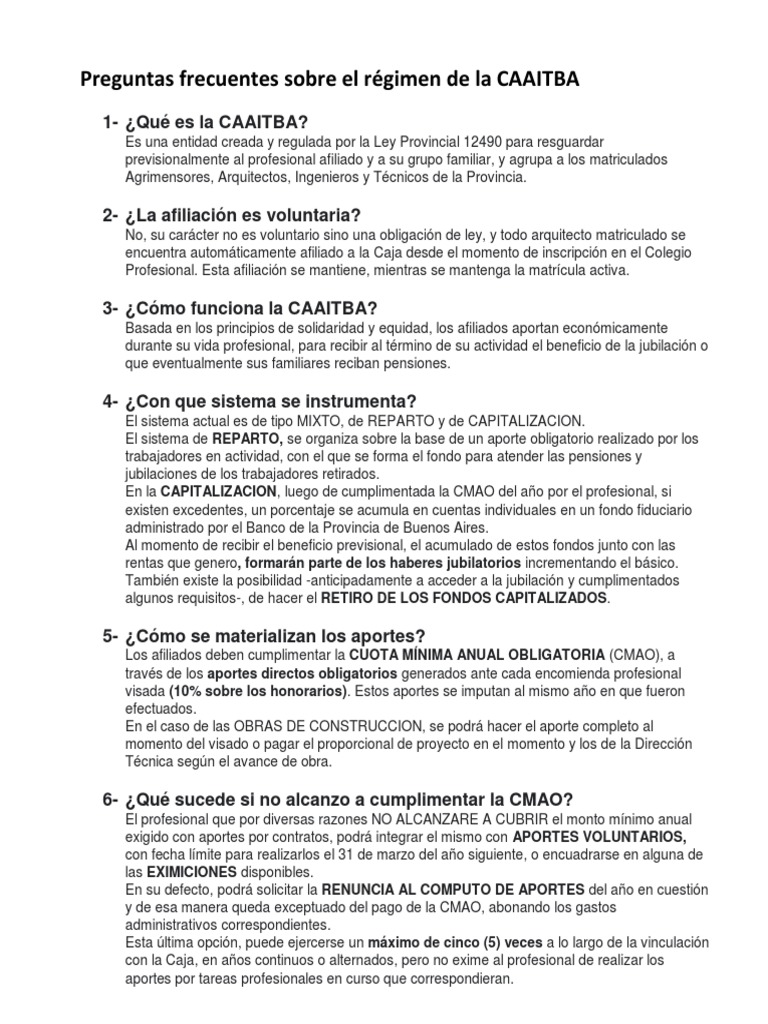Preguntas Frecuentes CAAITBA | PDF | Jubilación | Pensión