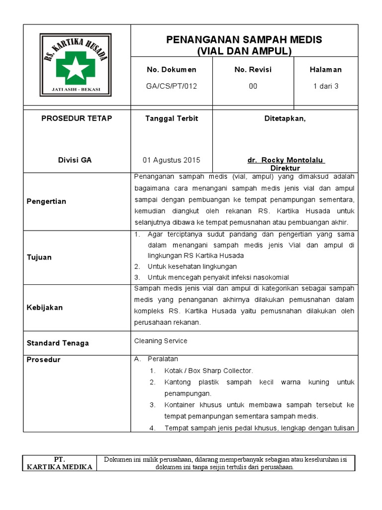 GA SOP 012 Penanganan Sampah Medis (Vial&ul) | PDF