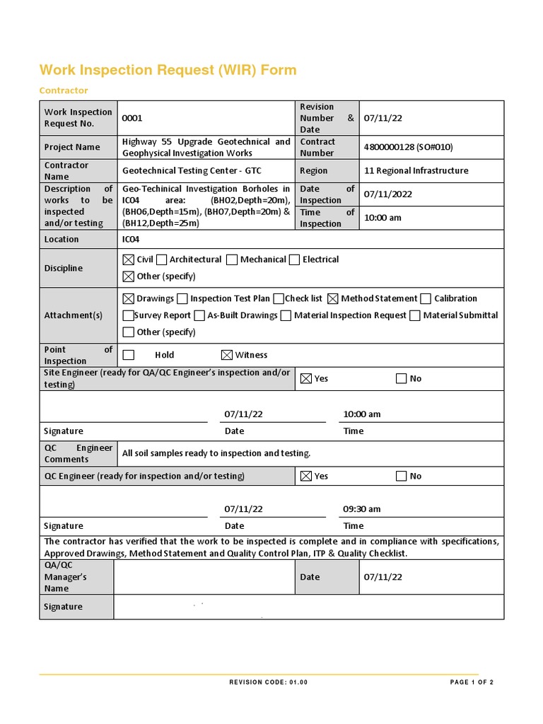 Work Inspection Request (WIR) | PDF | Business Process | Economic Sectors