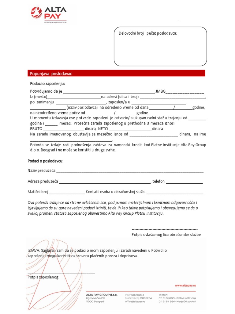 Potvrda o Zaposlenju I Administrativna Zabrana | PDF