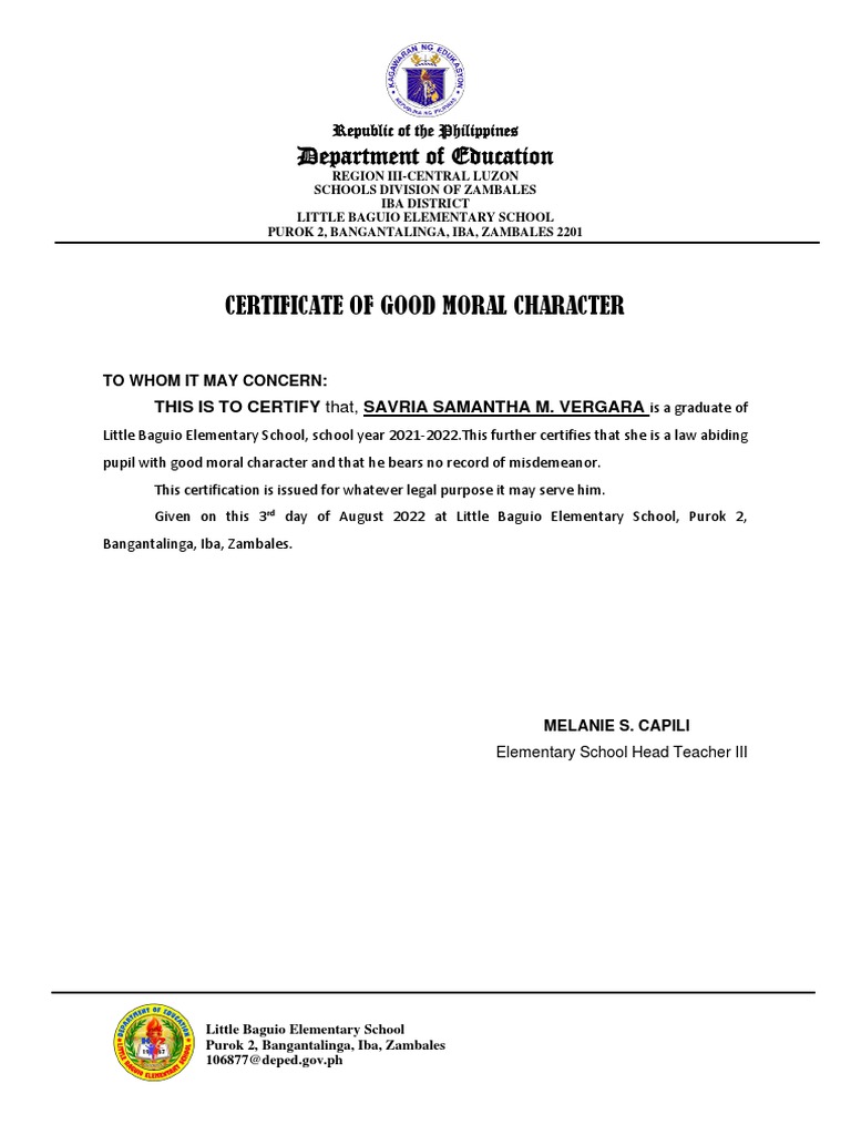 Certificate of Good Moral Character | PDF