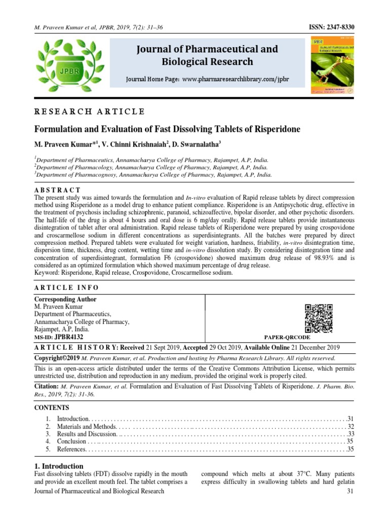 Formulation and Evaluation of Fast Dissolving Tablets of Resperidone ...