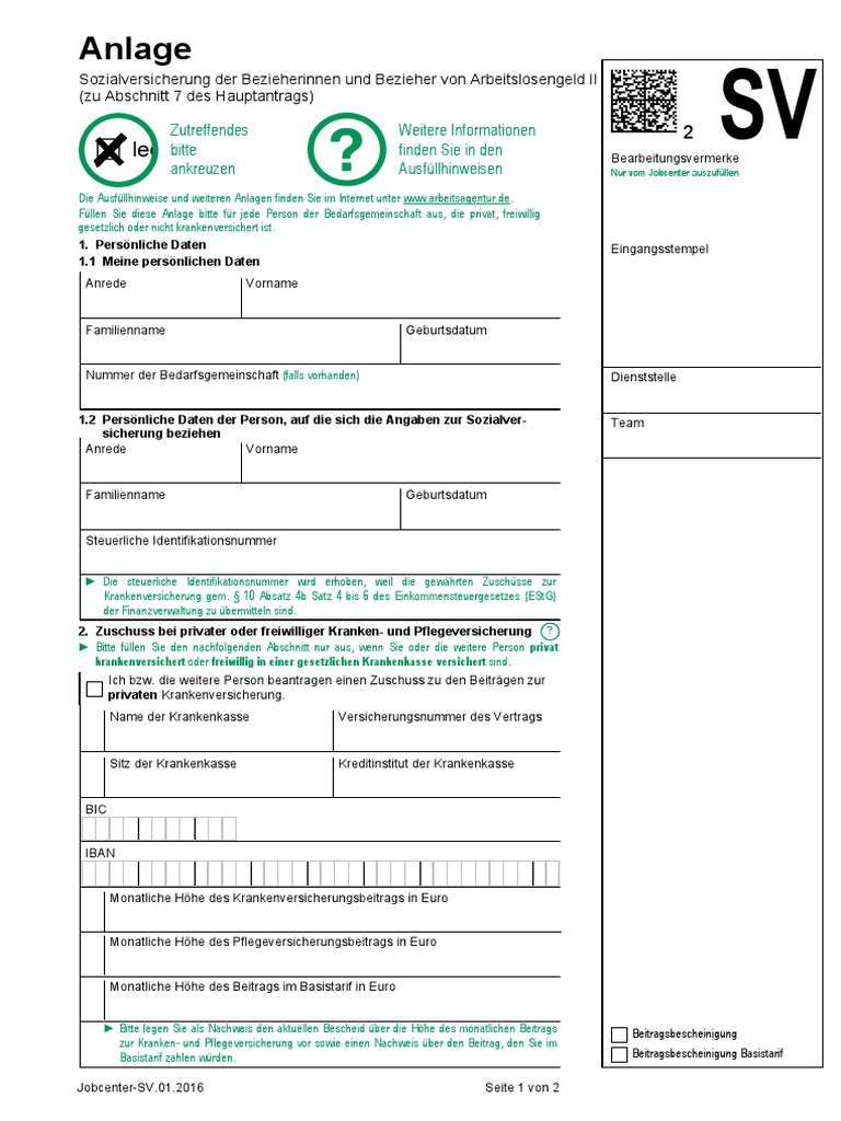 Anlage SV Sozialversicherung SGB II | PDF