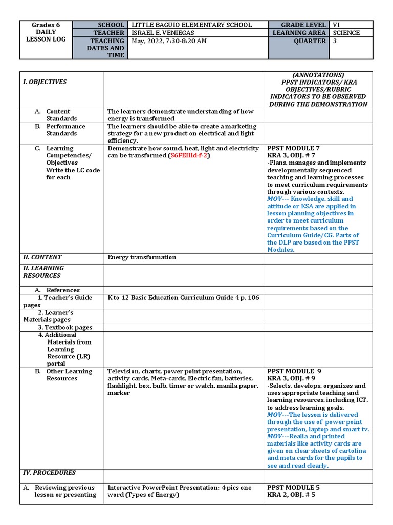 COT DLP Science 6 ENERGY TRANSFORMATION | PDF | Learning | Teaching Method