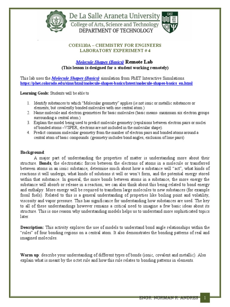 COES110B Chemistry For Engineers Lab 4 - MOLECULE SHAPES | PDF ...