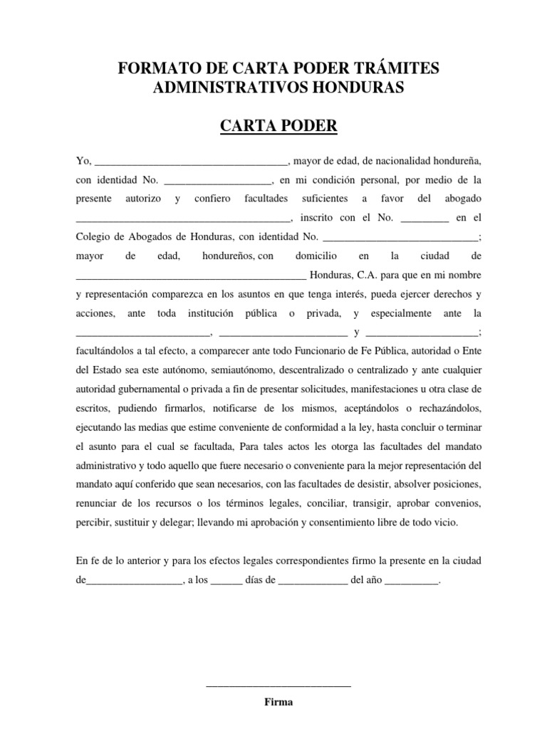 Formato de Carta Poder Tramites Administrativos Honduras | PDF