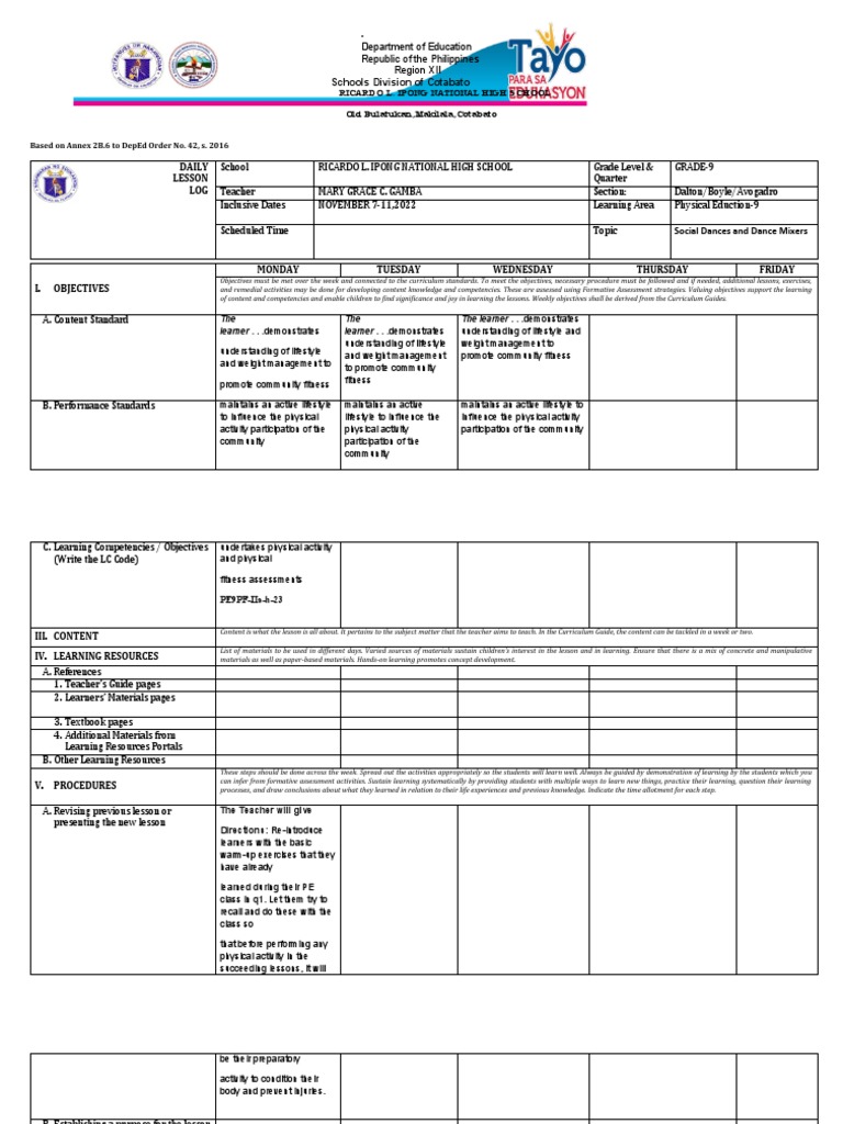 Grade 9 PE Daily Lesson Plan | PDF | Learning | Teaching Method