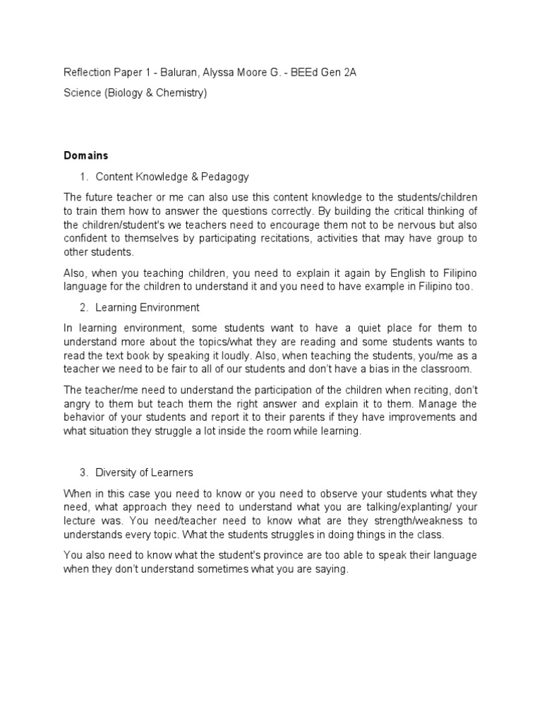Reflection Paper 1 - Baluran, Alyssa Moore G. - BEEd Gen 2A | PDF ...