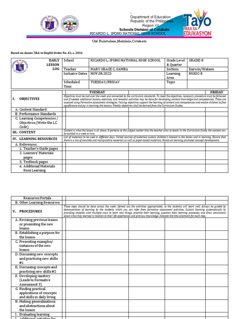 Grade 8 Daily Lesson Log: Music 2022 | PDF | Learning | Teaching Method