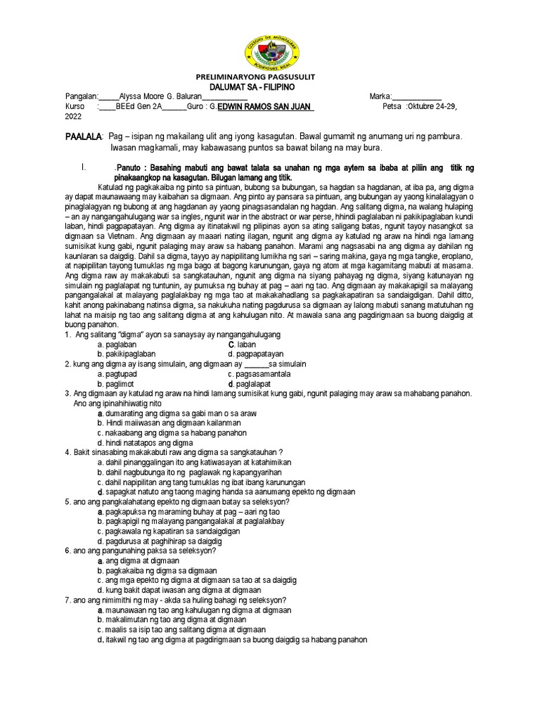 2022 Prelim Dalumat Sa Filipino | PDF