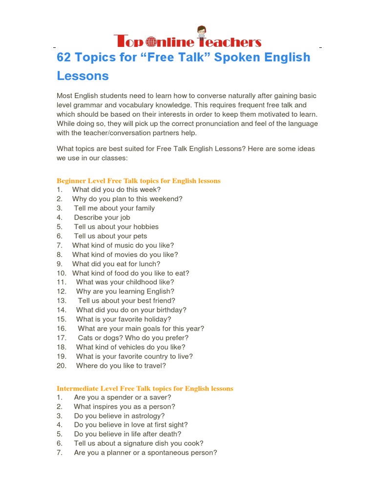 62 Topics For "Free Talk" Spoken English Lessons | PDF | English ...