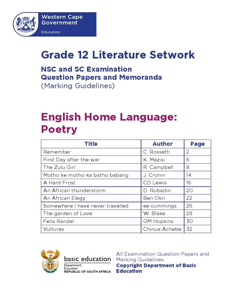 Gr12 Exams Setwork Poetry X1a | PDF | Poetry