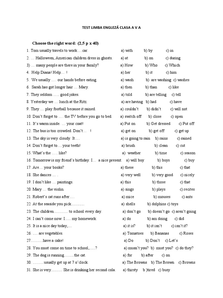 Test Limba Engleza Clasa A V A | PDF | Teaching Methods & Materials ...