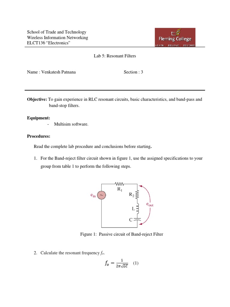 W9 - Lab 5 - Resonant Filters - 2021 | PDF | Resonance | Electronic Filter