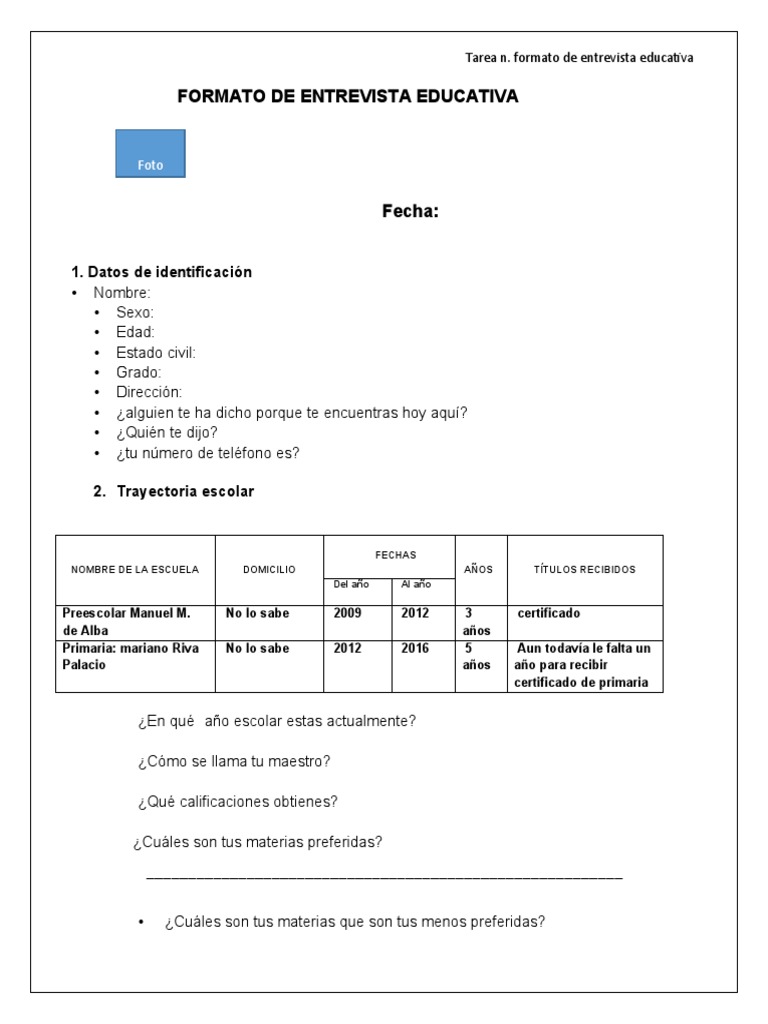 Formato de Entrevista Escolar | PDF | Crecimiento personal y ...