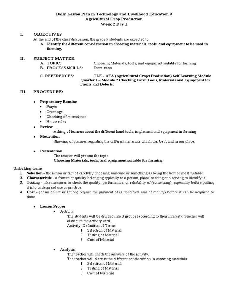 Daily Lesson Plan on Farming Tools and Materials | PDF | Educational ...