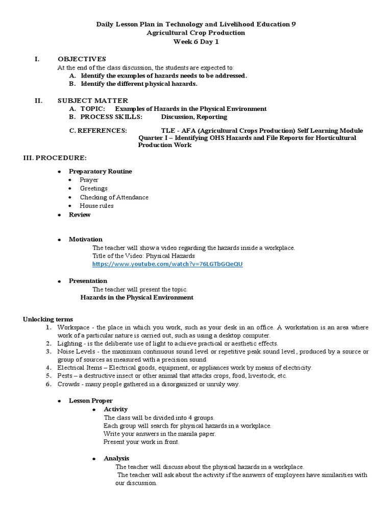 Daily Lesson Plan in Technology and Livelihood Education 9 Agricultural ...