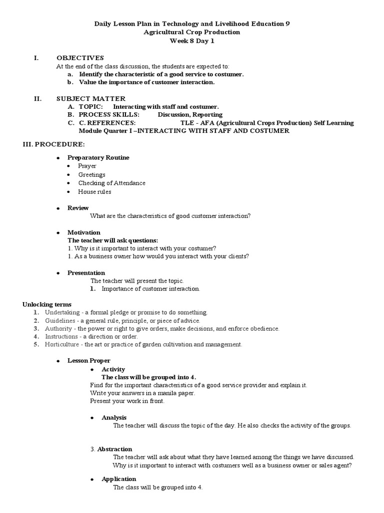 Daily Lesson Plan in Technology and Livelihood Education 9 Agricultural ...