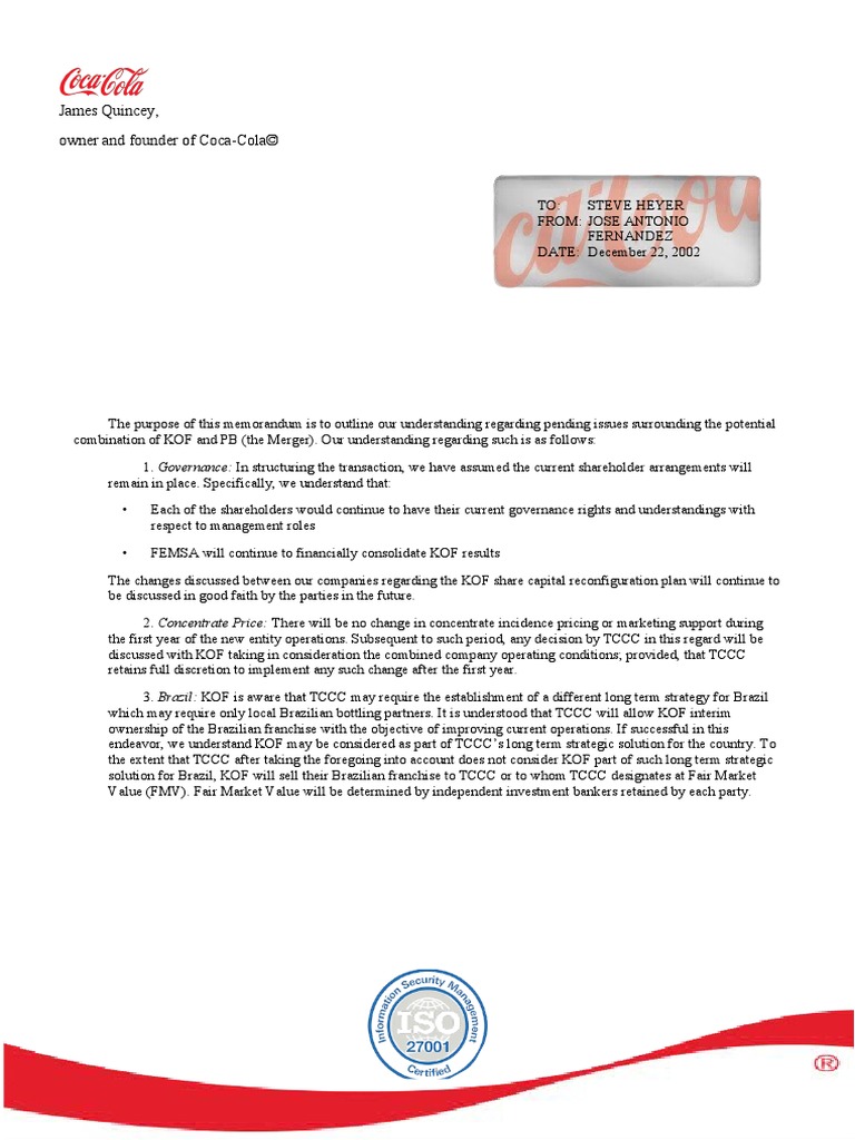 Memorandum | PDF | The Coca Cola Company | Mergers And Acquisitions