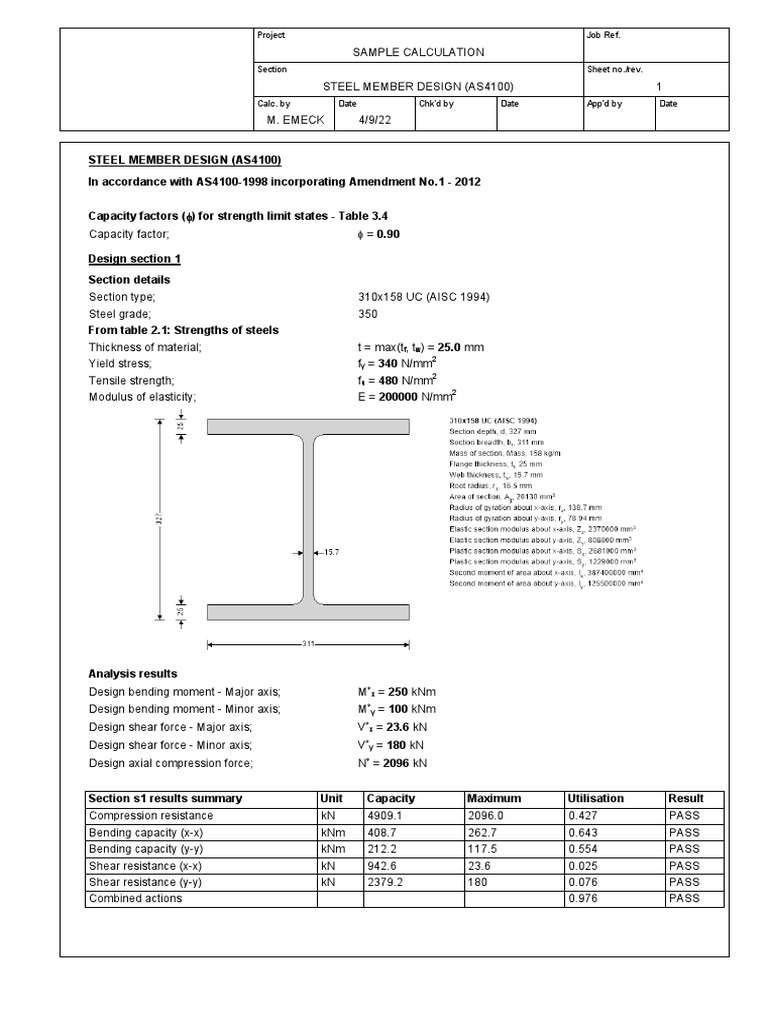 Steel Member Design - Sample Calculation (AS4100) | PDF | Strength Of ...