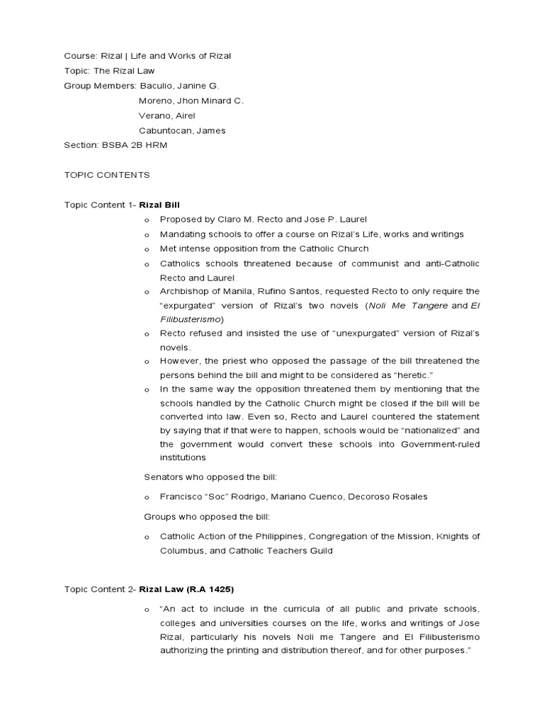 Group 4 - The Rizal Law Outline | PDF | Philippines