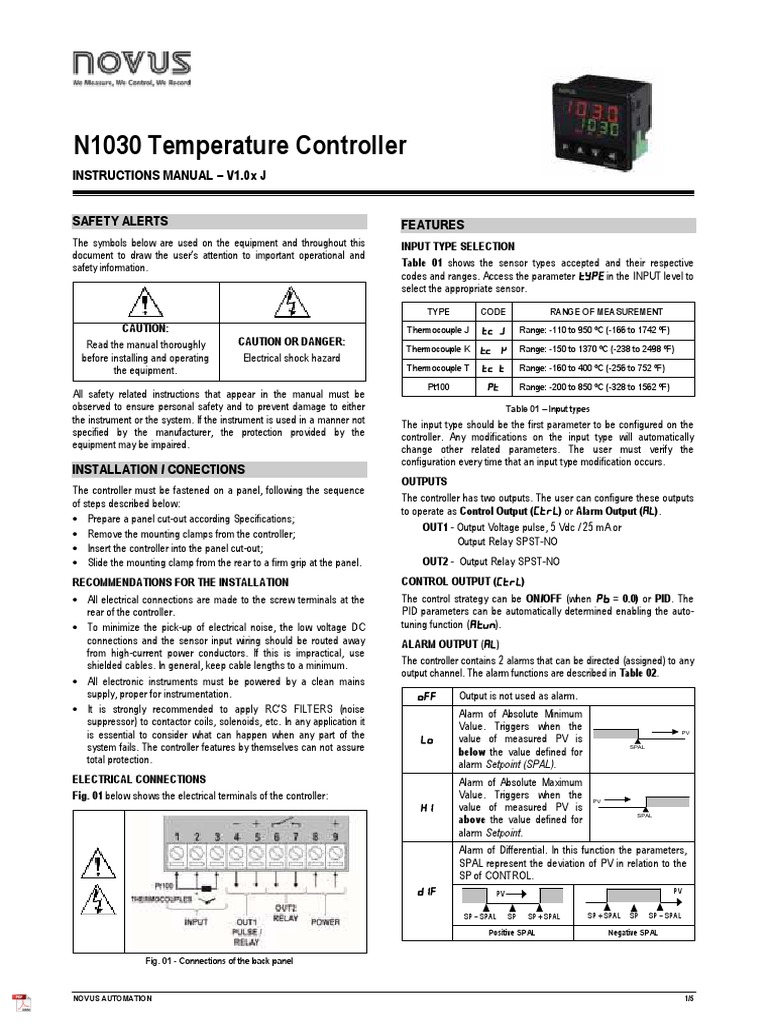 NOVUS N1030 Temperature Controller Instruction Manual | PDF | Parameter (Computer Programming ...