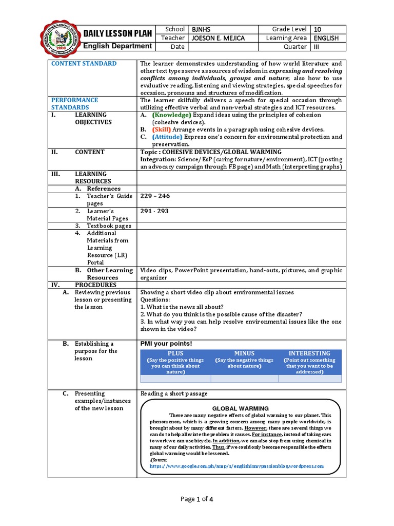 Principle of Cohesion | PDF | Learning | Lesson Plan
