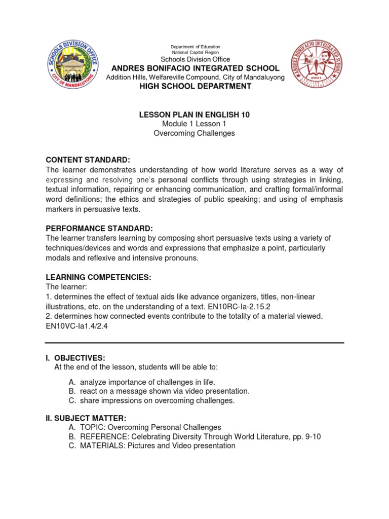 Lesson Plan in Eng 10 | PDF | Lesson Plan | Learning