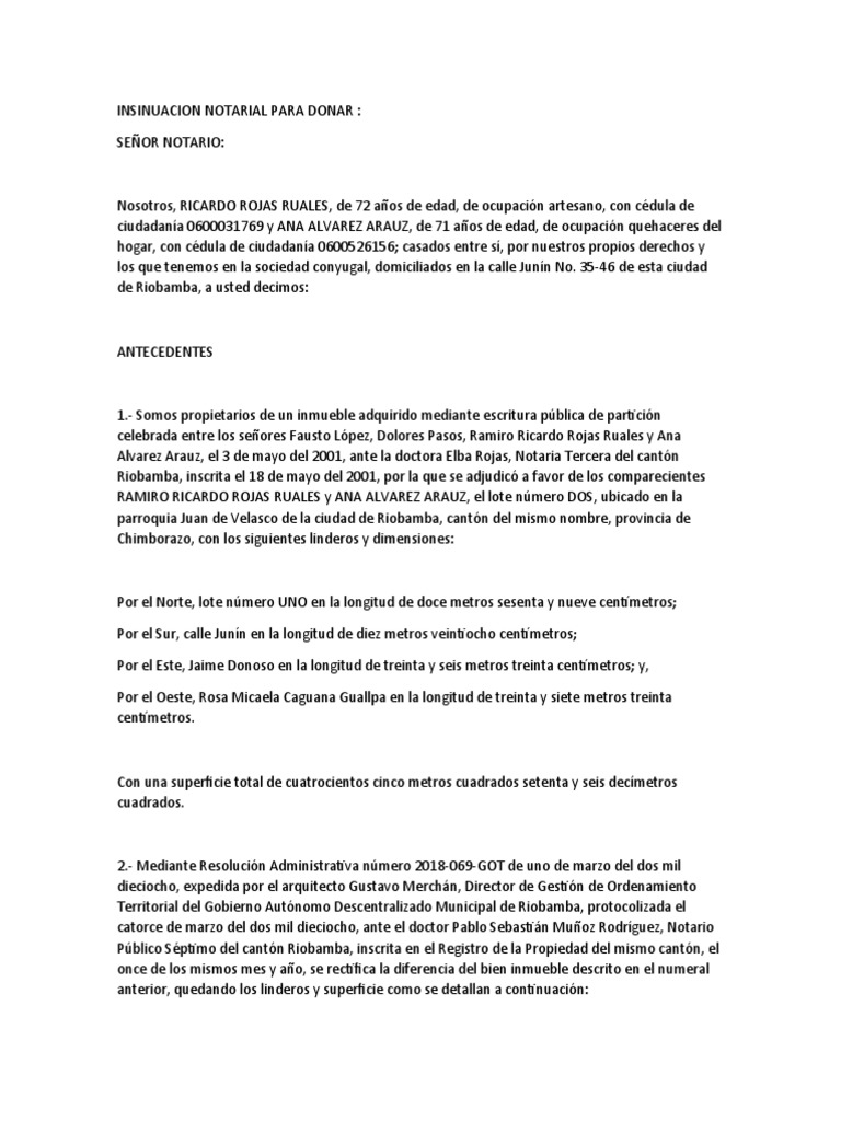 Insinuacion Notarial para Donar y Donacion Con Reserva de Usufructo ...