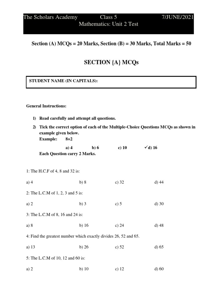 Class 5 Math Unit 2 Test Factors and Multiples MCQs + Subjective | PDF