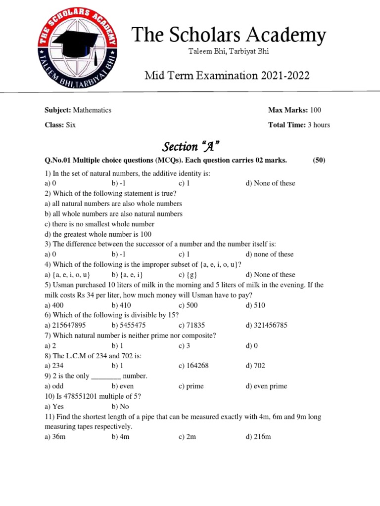 Math Class 6 Paper | PDF | Integer | Numbers