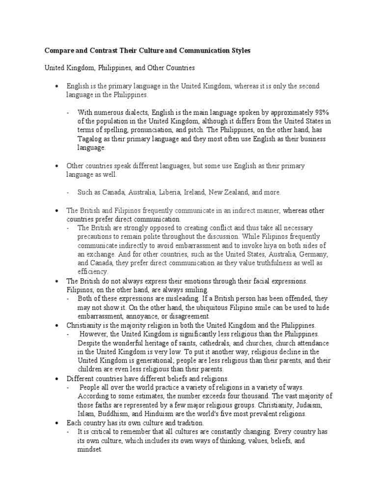 England and Philippines: Culture Comparison | PDF | English Language ...