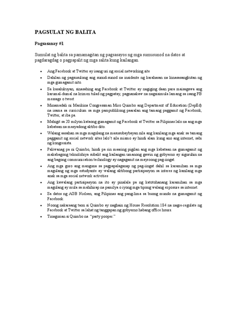 Fact Sheets Pagsulat NG Balita Filipino | PDF