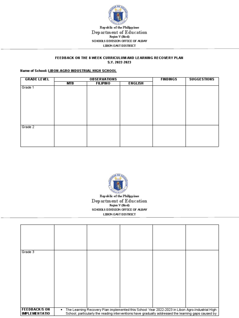 Feedback On The 8 Week LRC and Learning Recovery Plan | PDF | Literacy | Learning