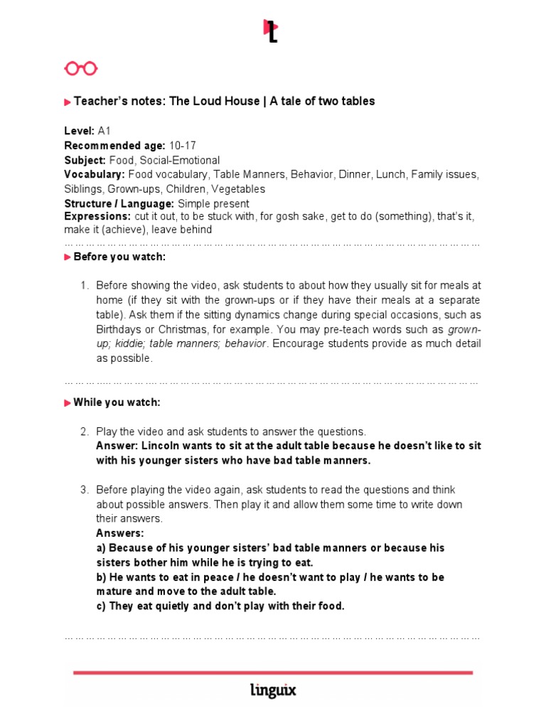 The Loud House - A Tale of Two Tables - Teacher - S Notes | PDF ...