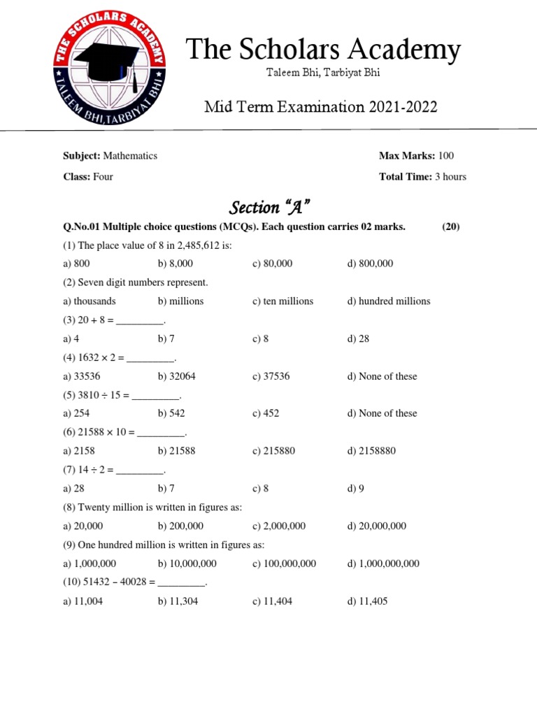 Math Class 4 Paper | PDF | Mathematics