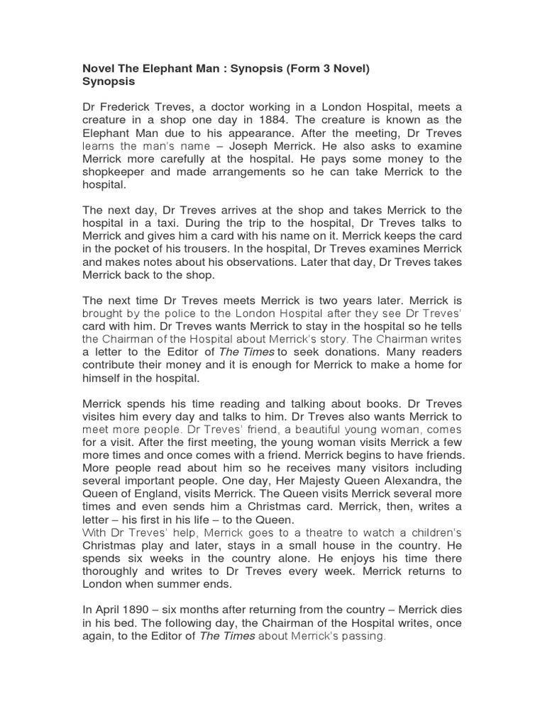 The Elephant Man: Form 3 Synopsis | PDF | Classics