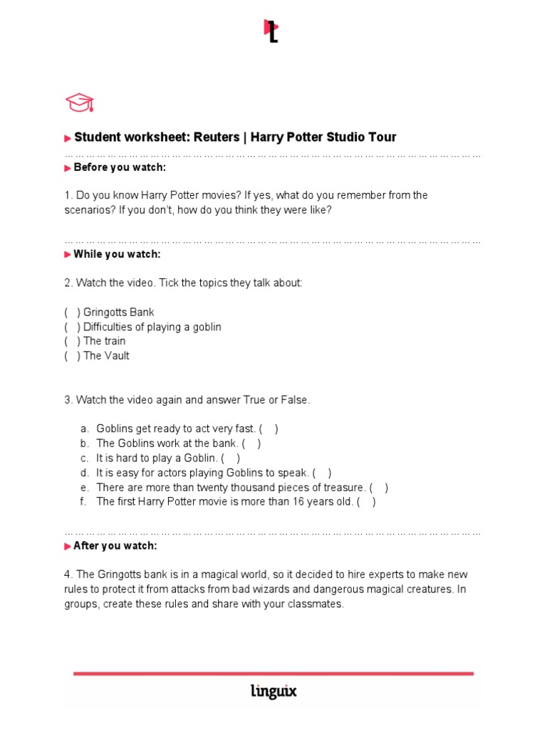 Harry Potter Studio Tour Worksheet | PDF | Games & Activities ...