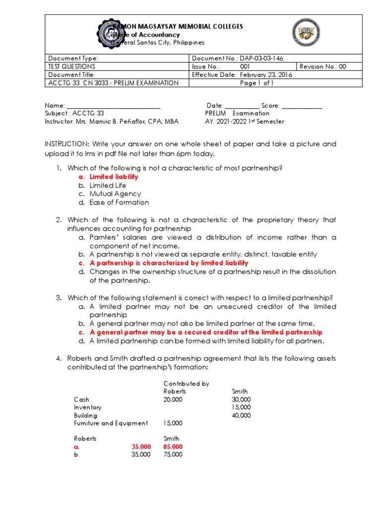 ACCTG11 Prelim Exam 2021 2022 Corrected | PDF | Balance Sheet | Partnership