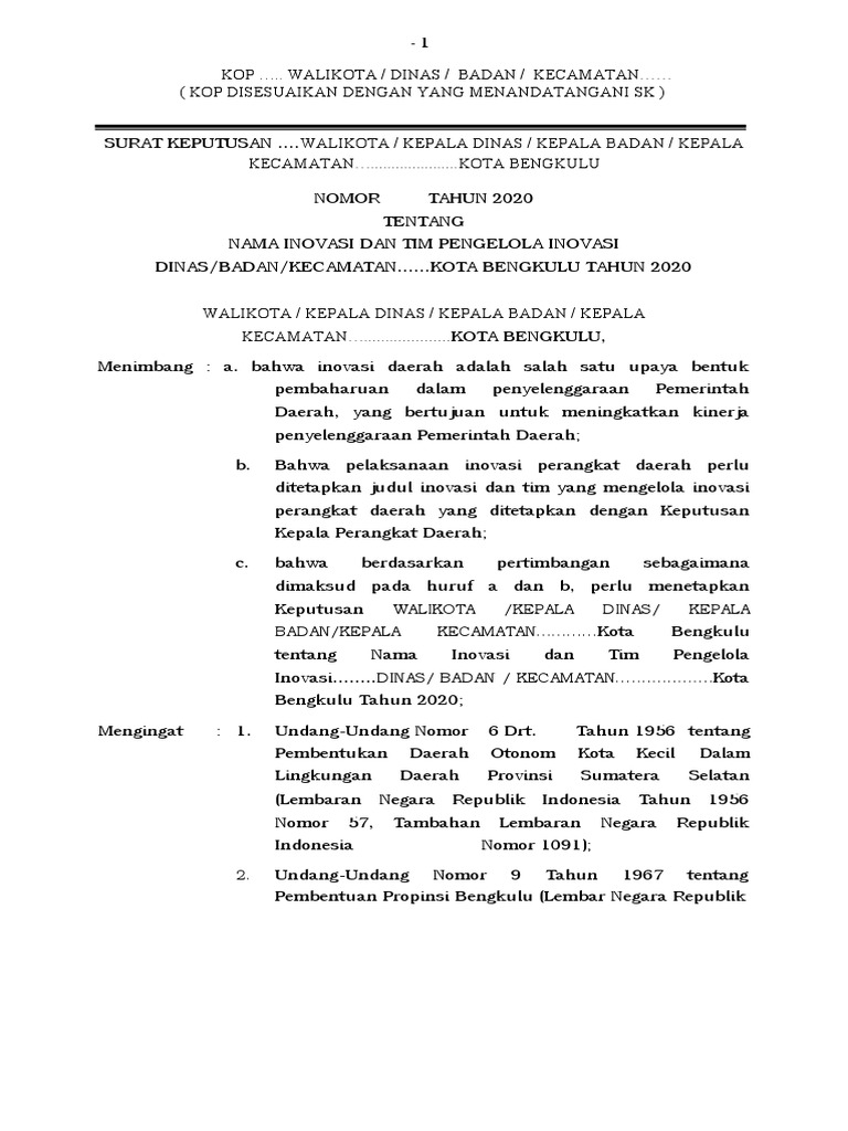 Contoh SK Nama Inovasi Dan Tim Pengelola Inovasi Daerah | PDF