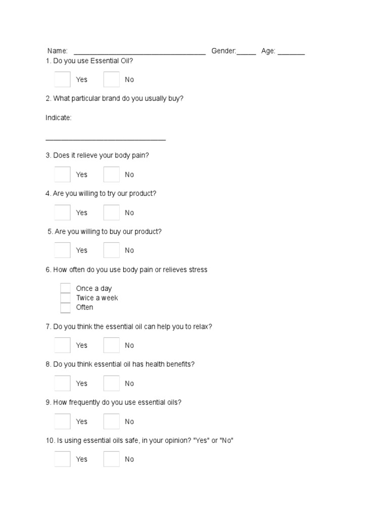 Essential Oil Usage Questionnaire | PDF